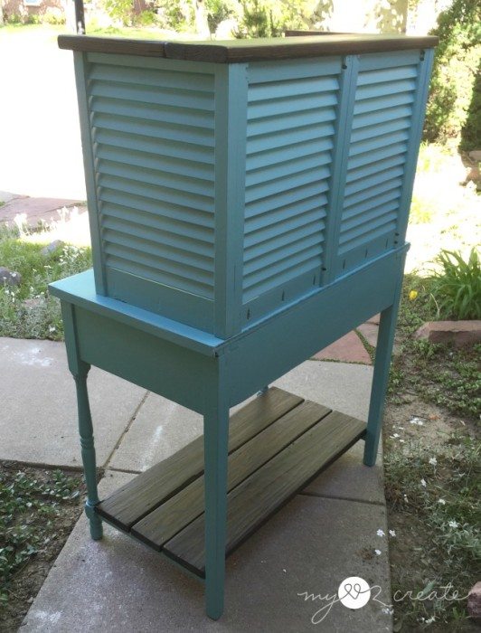 Upcycled Shutters and Desk into Potting Bench - My Repurposed Life®