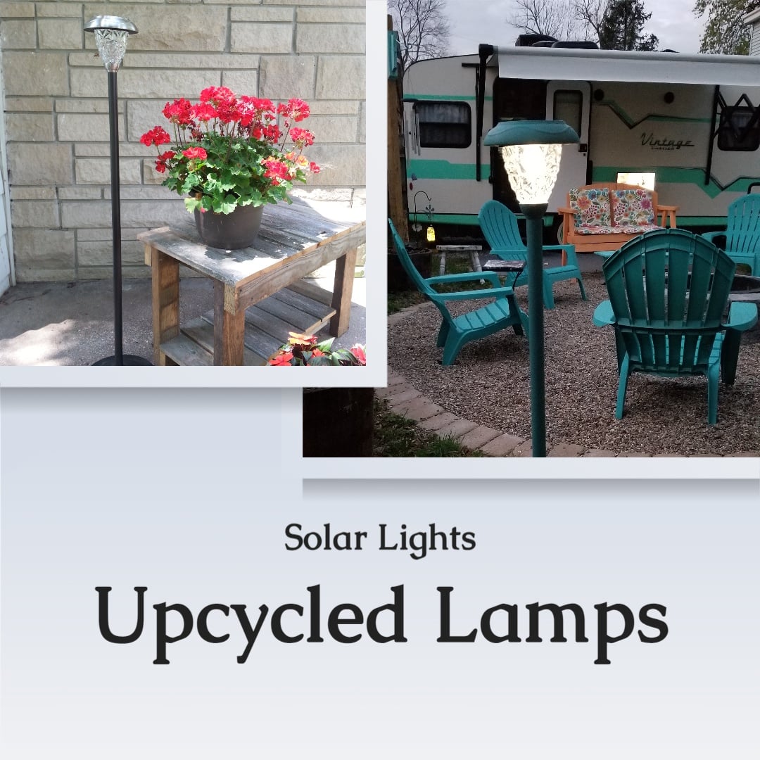 Repurposed Floor Lamps make great patio solar lights