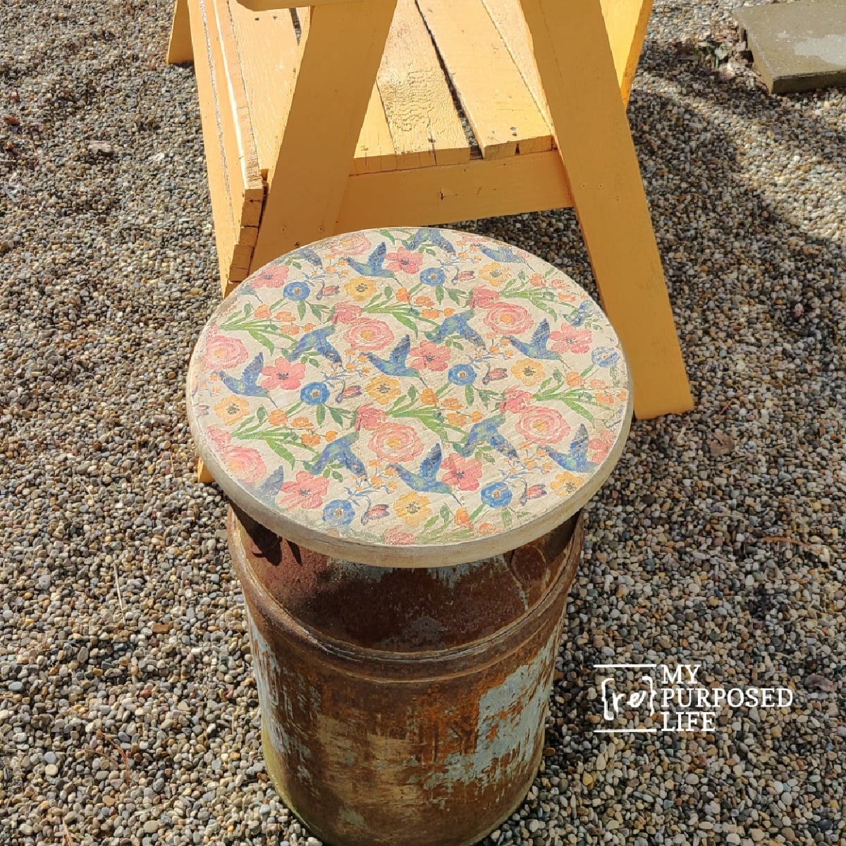 Aged Decoupage Milk Can Table - My Repurposed Life®
