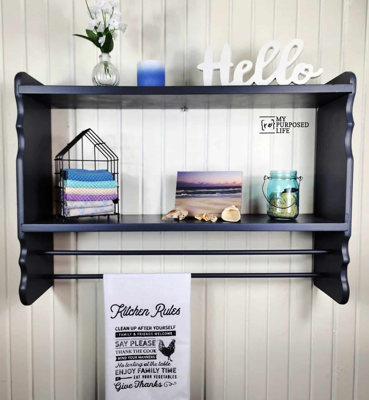 Vintage Wall Shelf with Towel Rods - My Repurposed Life®